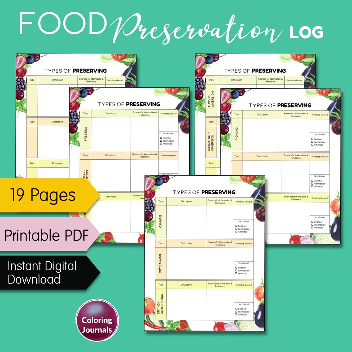 Printable Food Preservation Planner Templates, Food Preservation Log ...