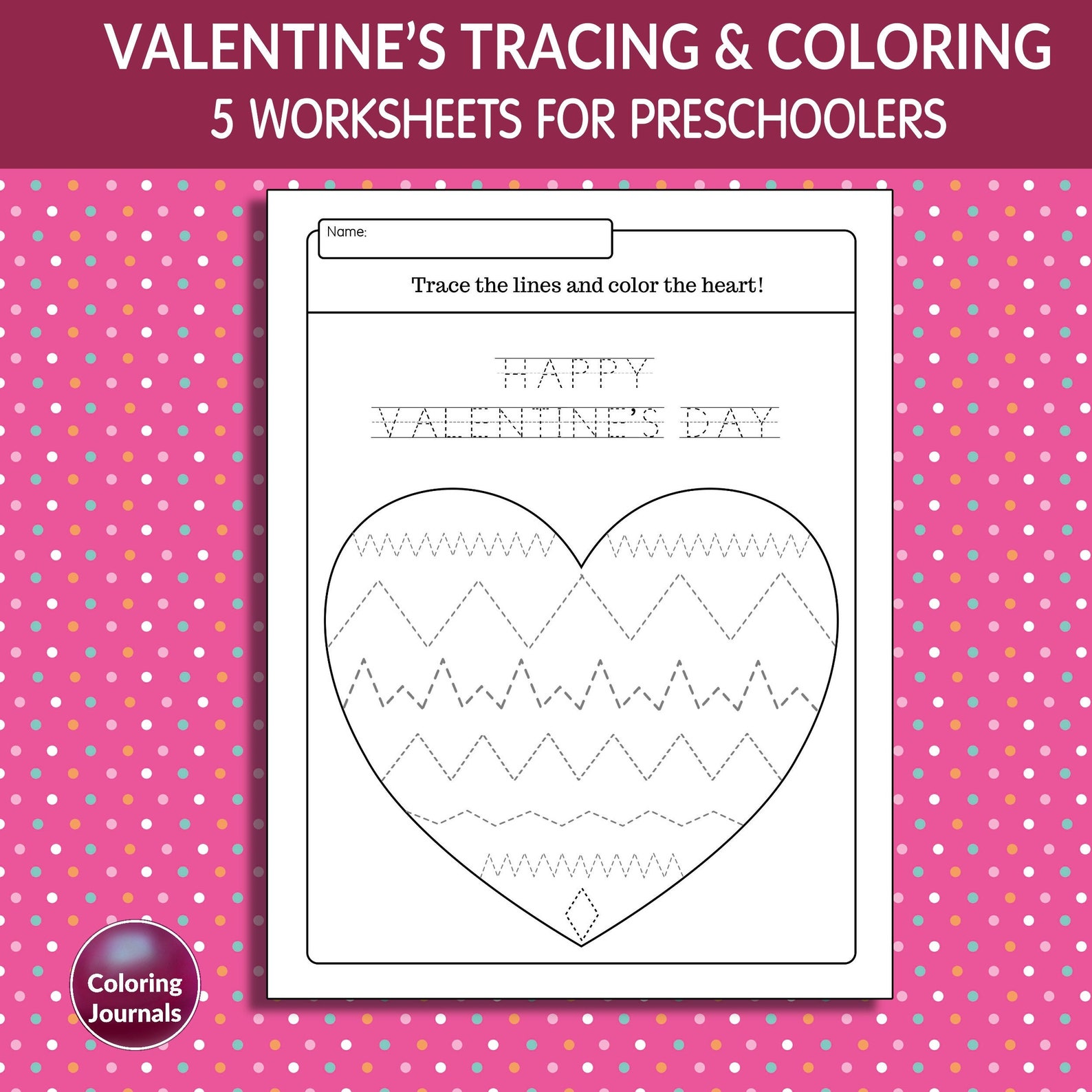 Valentines Line Tracing & Coloring Worksheets for | Etsy