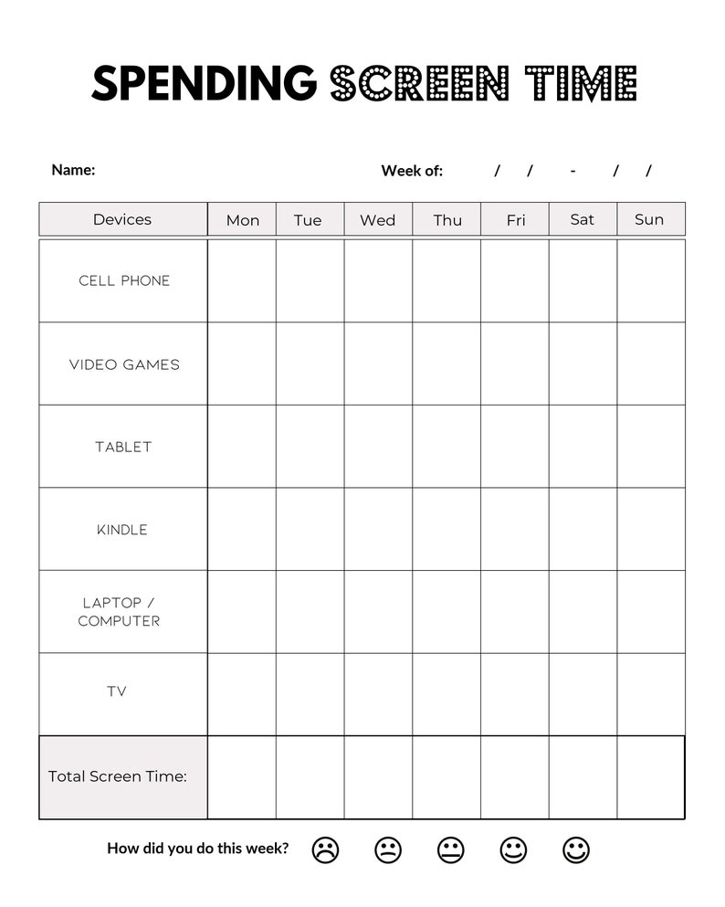 Kids Screen Time Tracker, Log Book, Great for Digital Detox, Printable ...