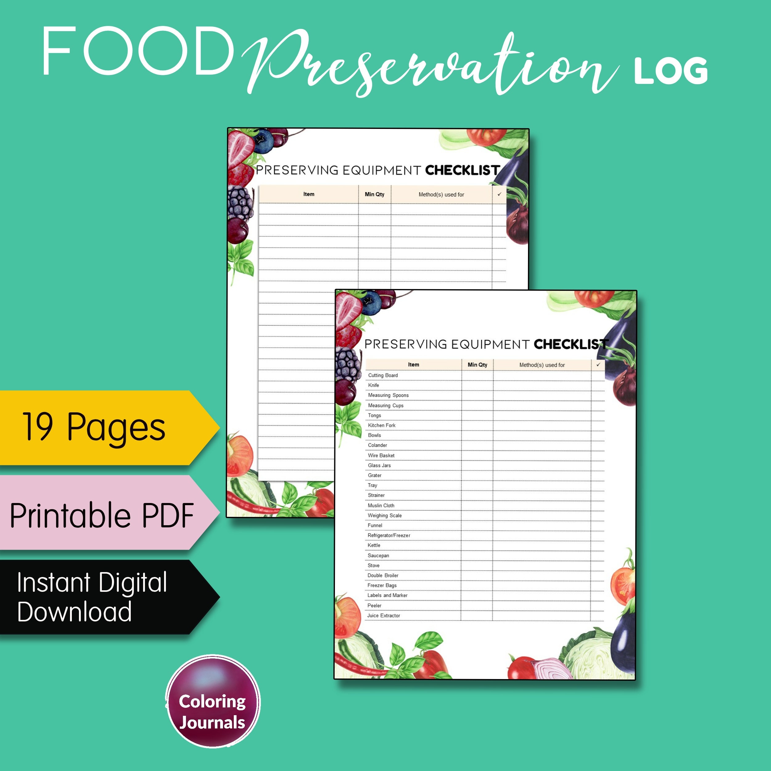 Printable Food Preservation Planner Templates, Food Preservation Log ...