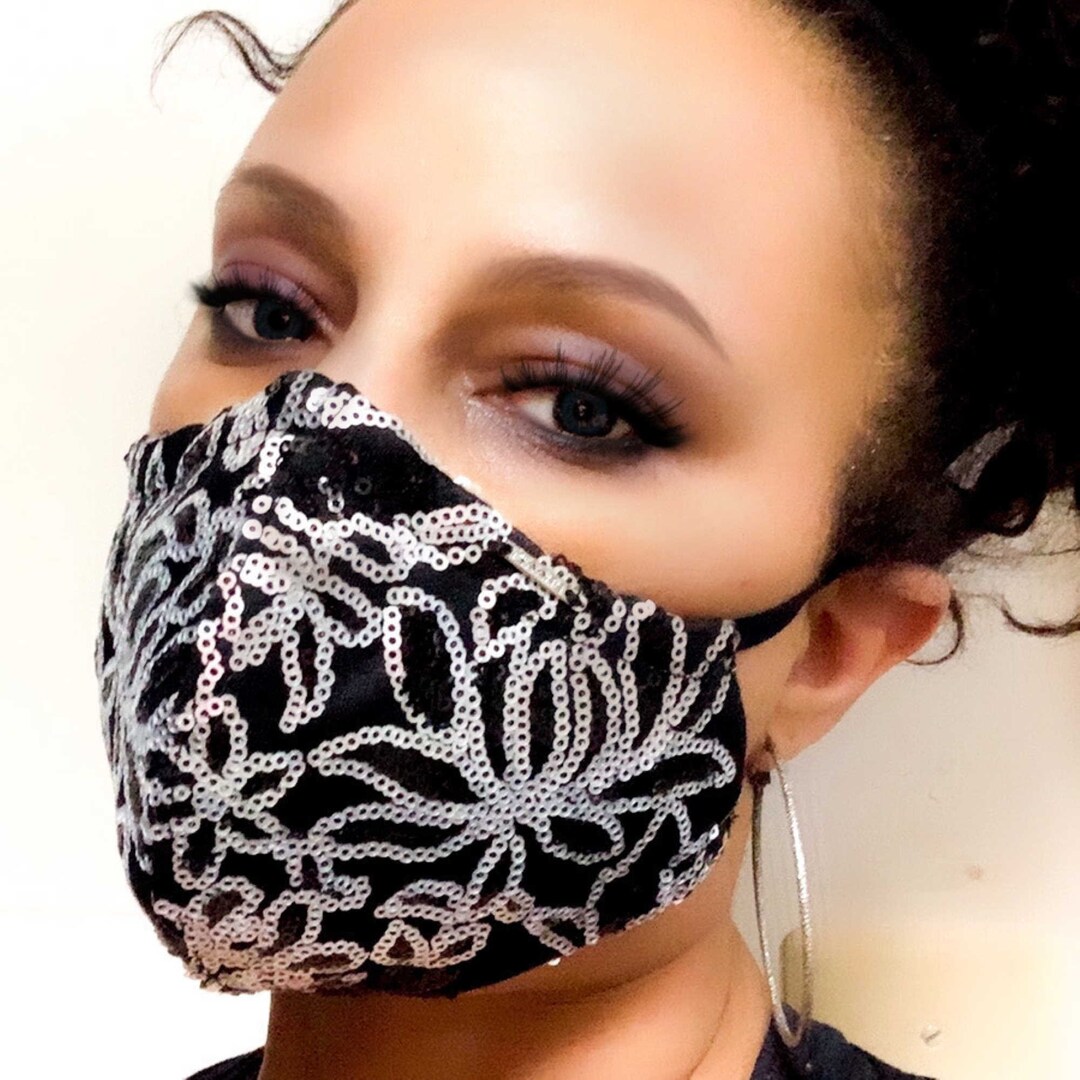 Black and Silver Sequin Designer Face Mask Washable Reusable, Fashion ...