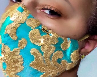 White Floral Lace Turquoise Moiré Face Mask 4 Layer Bridal - Etsy