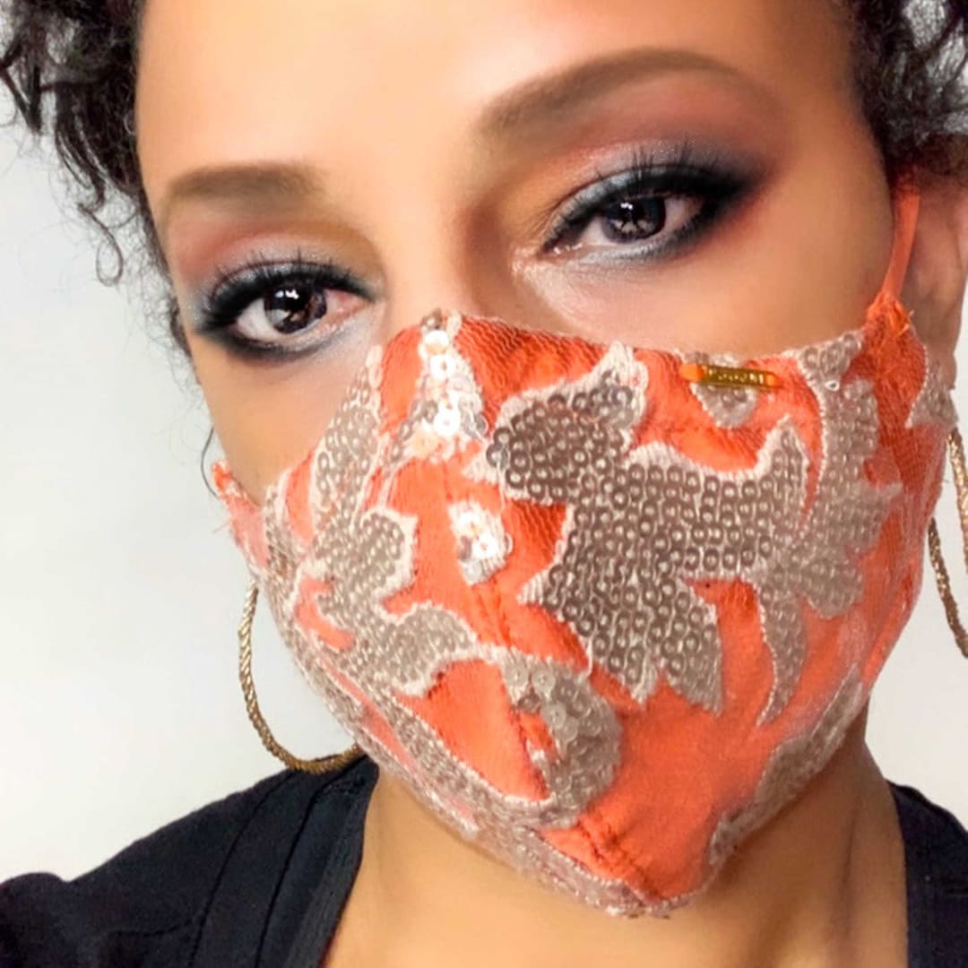Burnt Orange Sequin and Silk Designer Face Mask, Luxury Face Mask ...