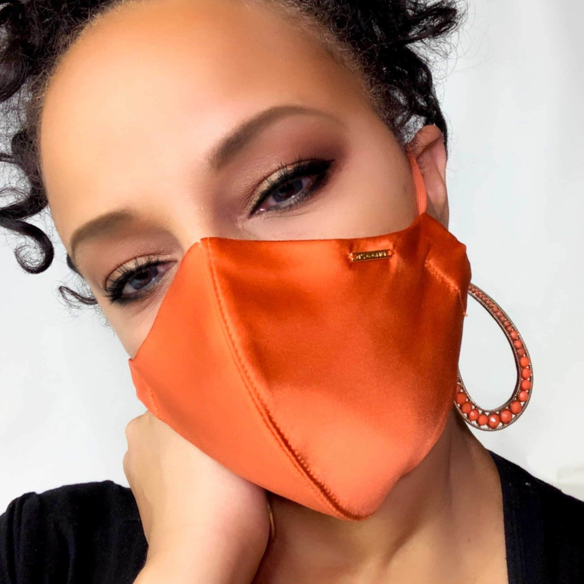 Burnt Orange Silk Satin Designer Face Mask Pocket, Fashion Face Mask ...