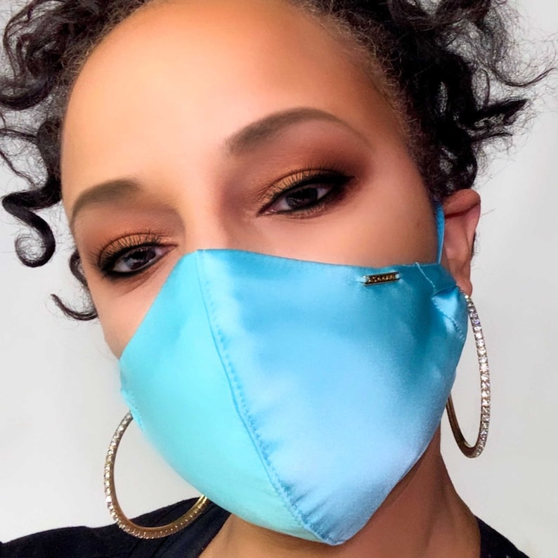 Turquoise Silk Satin Designer Face Mask, Fashion Face Mask USA, Luxury ...