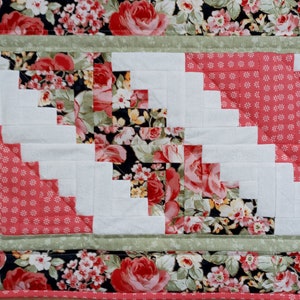 Quilted Spring/summer Table Runner. Handmade Floral Table Runner in Log Cabin Pattern. Coral ...