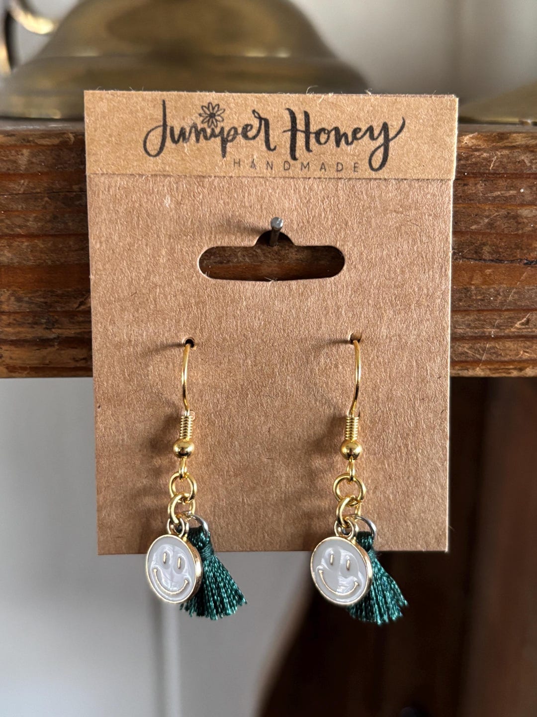 White Smiley Face Dangle Earrings With Green Tassels - Etsy
