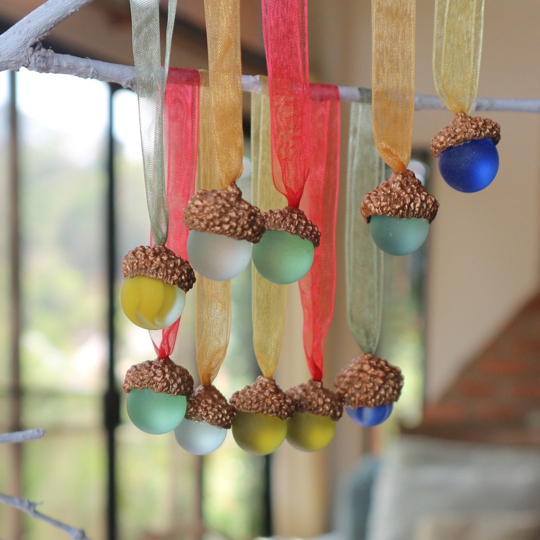 10 Tumbled Mixed Colors Sea Glass Marble Acorn Cap Ornaments W/ Bronze ...