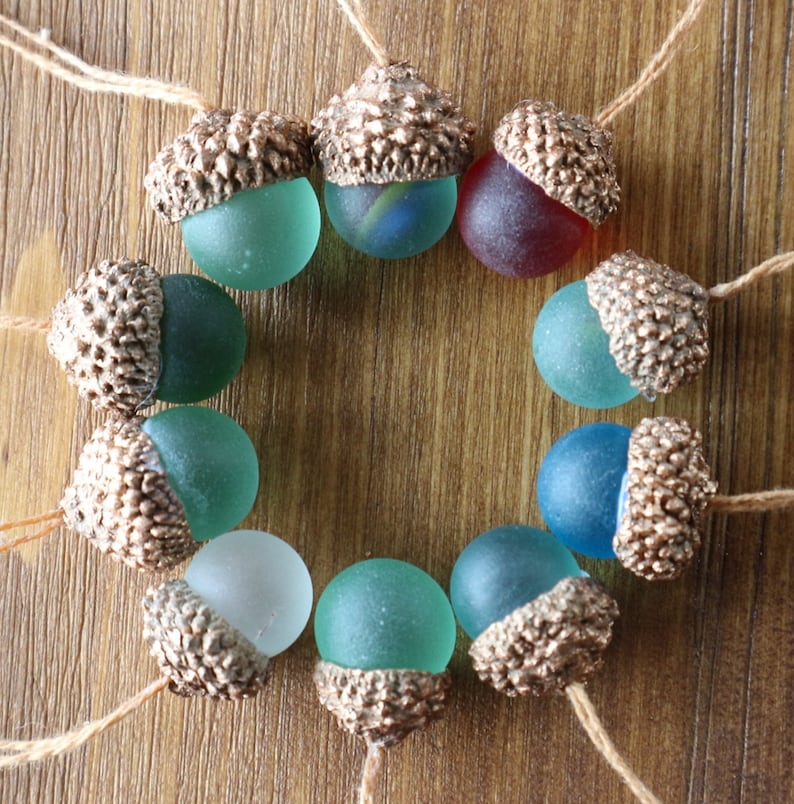 10 Tumbled Mix Colors Sea Glass Marble Acorn Cap Ornaments W/ Bronze ...
