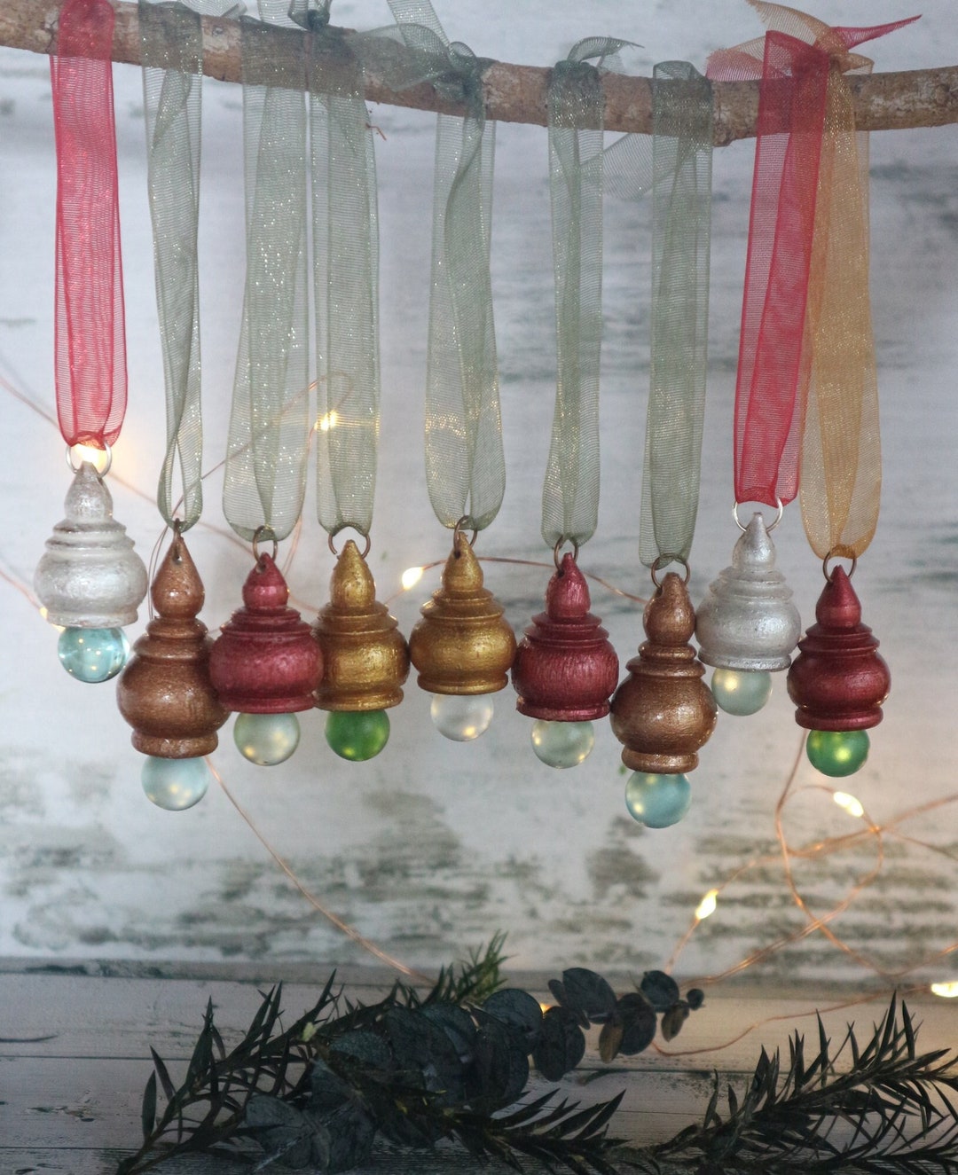 9 Tumbled Sea Glass Marbles and Teak Wood Finial Ornaments. Christmas ...