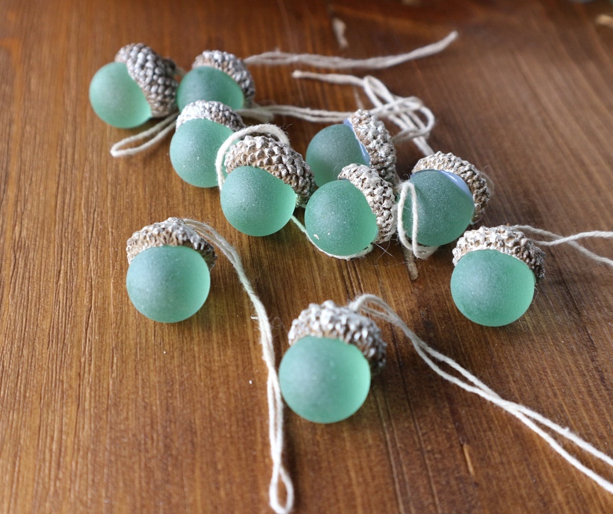 10 Tumbled Sea Green Glass Marble Acorn Ornaments. Silver Brushed Caps ...