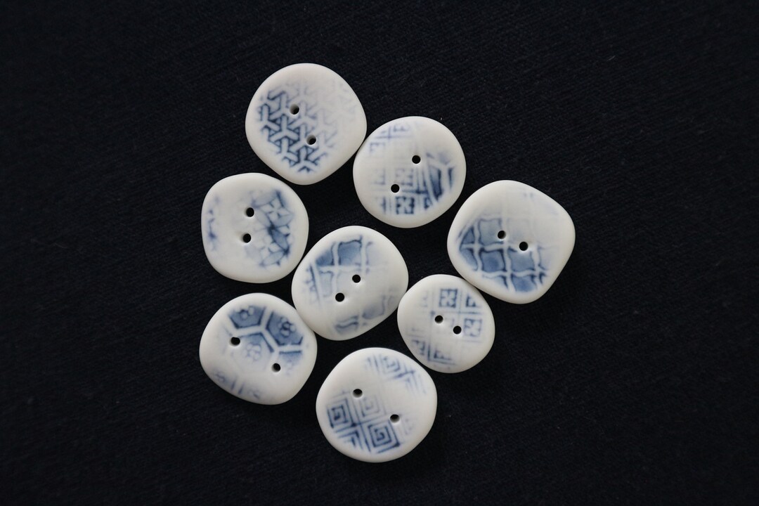 Set of 8 Curvy Blue & White Tumbled Sea Pottery Porcelain Buttons for ...