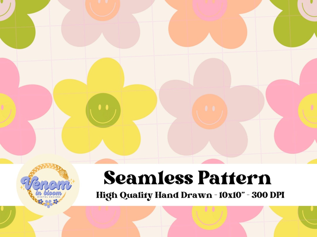 Retro Smiley Face Daisy Seamless Pattern: Groovy PNG (digital) - Etsy