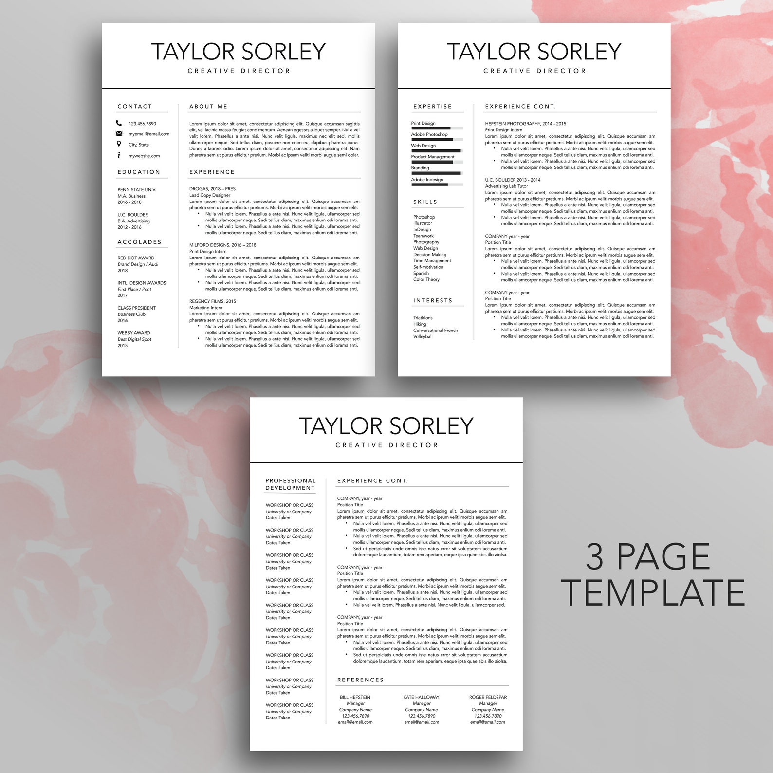Modern Resume, CV Template, 3 Page, Minimalist Resume, Simple Resume ...