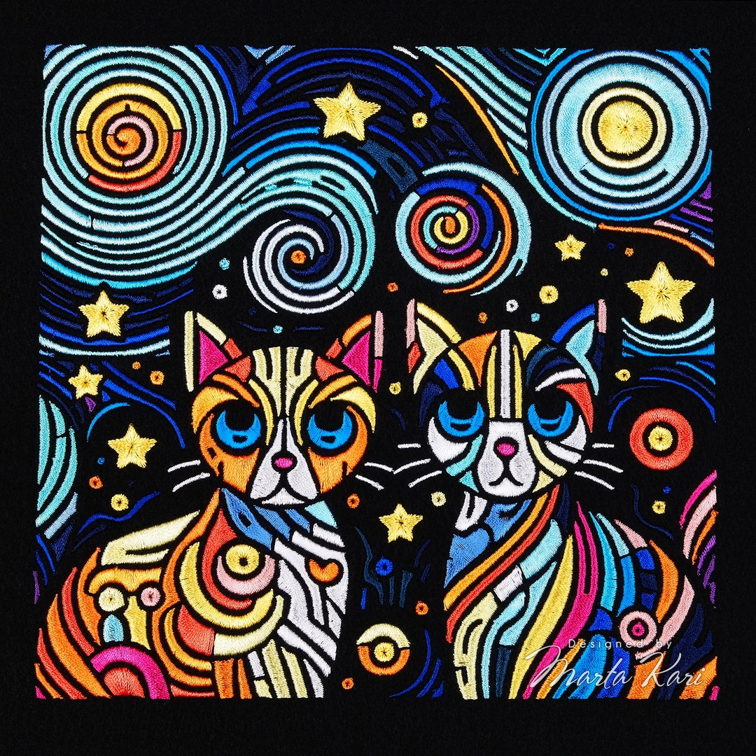 Van Gogh Cats Machine Embroidery Design: Starry Night Felines - Etsy
