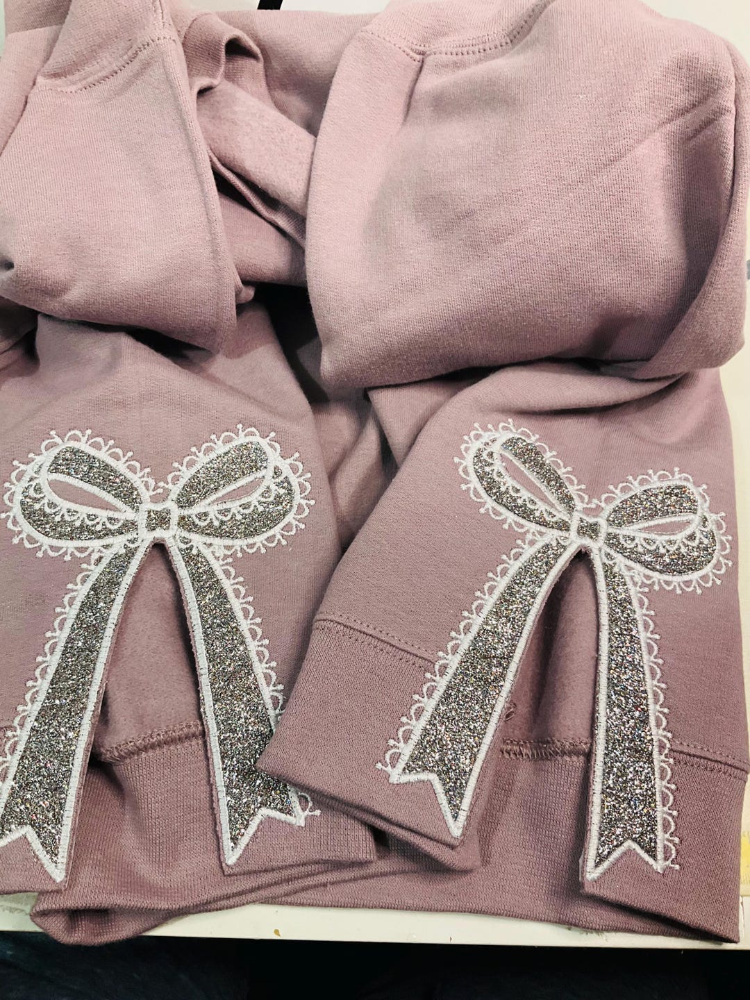 Embroidered Lace Side Bow Appliqué Sweatshirt Design | Classic Lace Bow ...