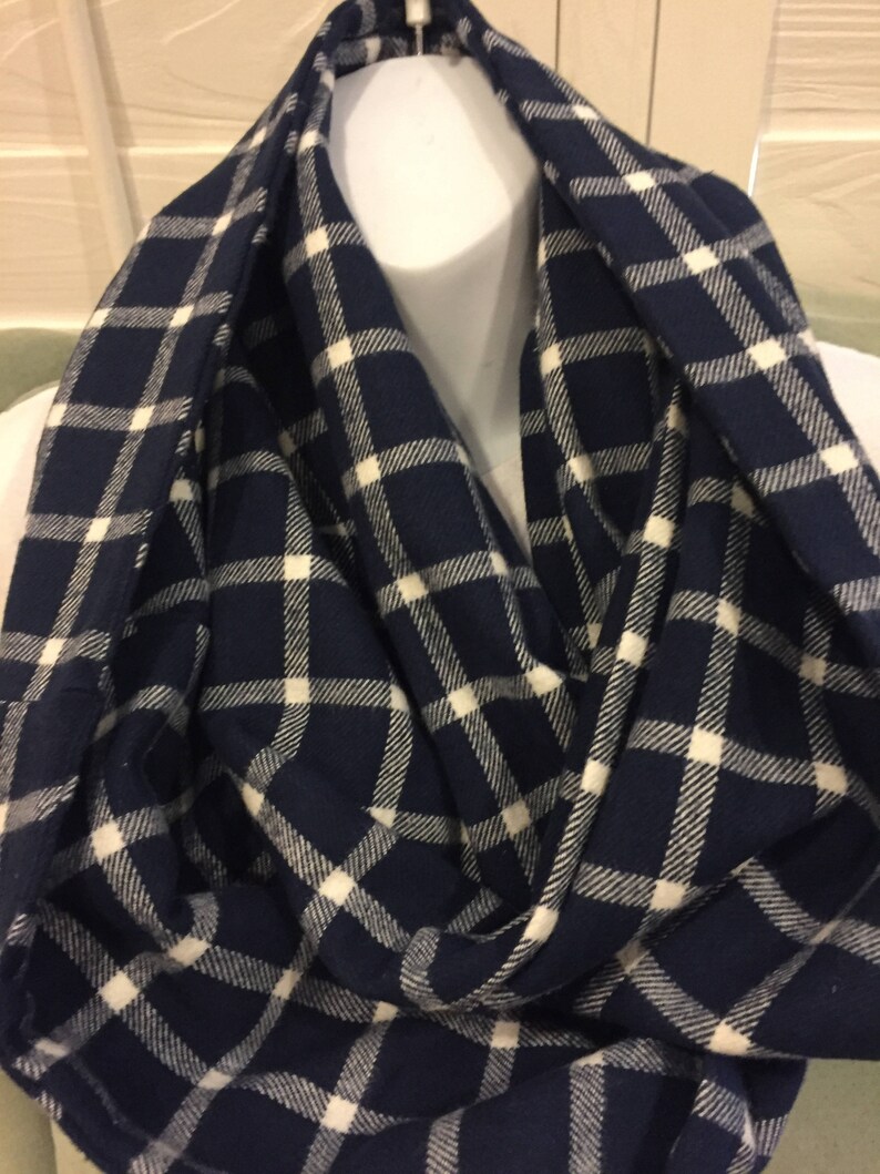 Handmade Blue and White Blocks Plaid Fleece Infinity Scarf - Cozy ...
