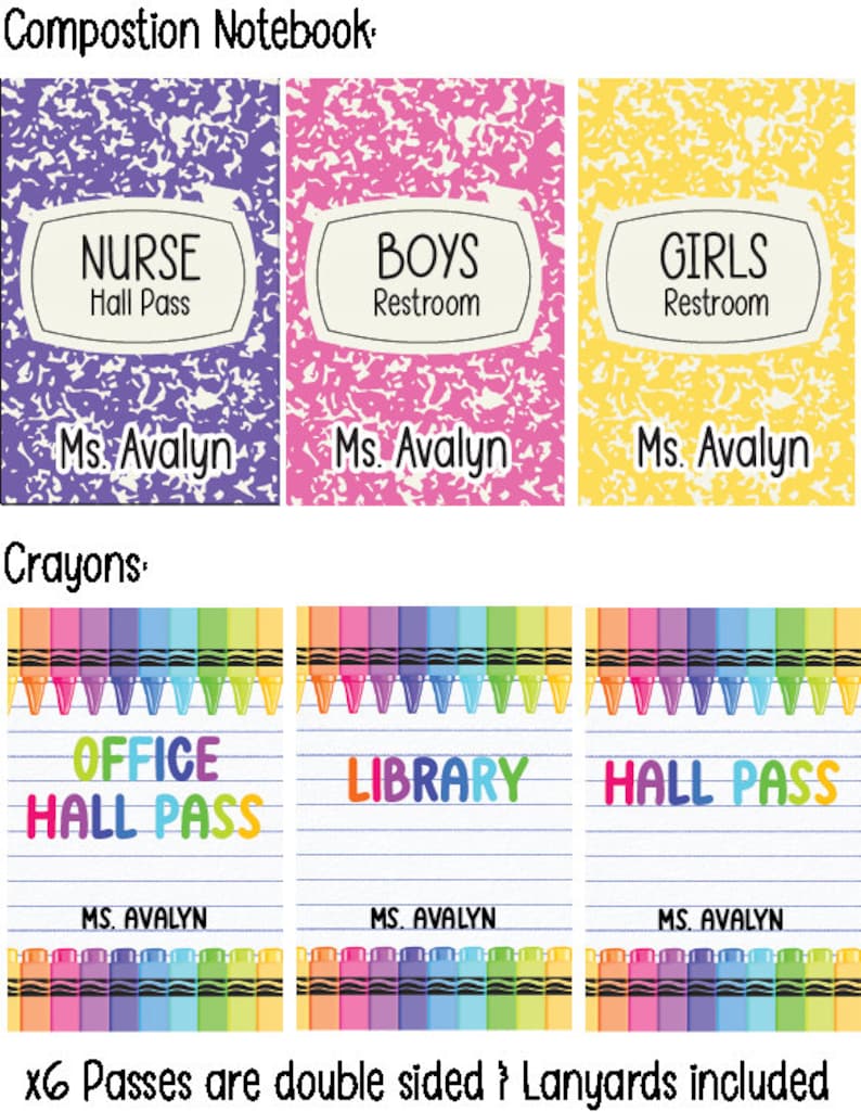 Classroom Double Sided Hall Passes 6 Pk Bundle for Teacher Classroom ...