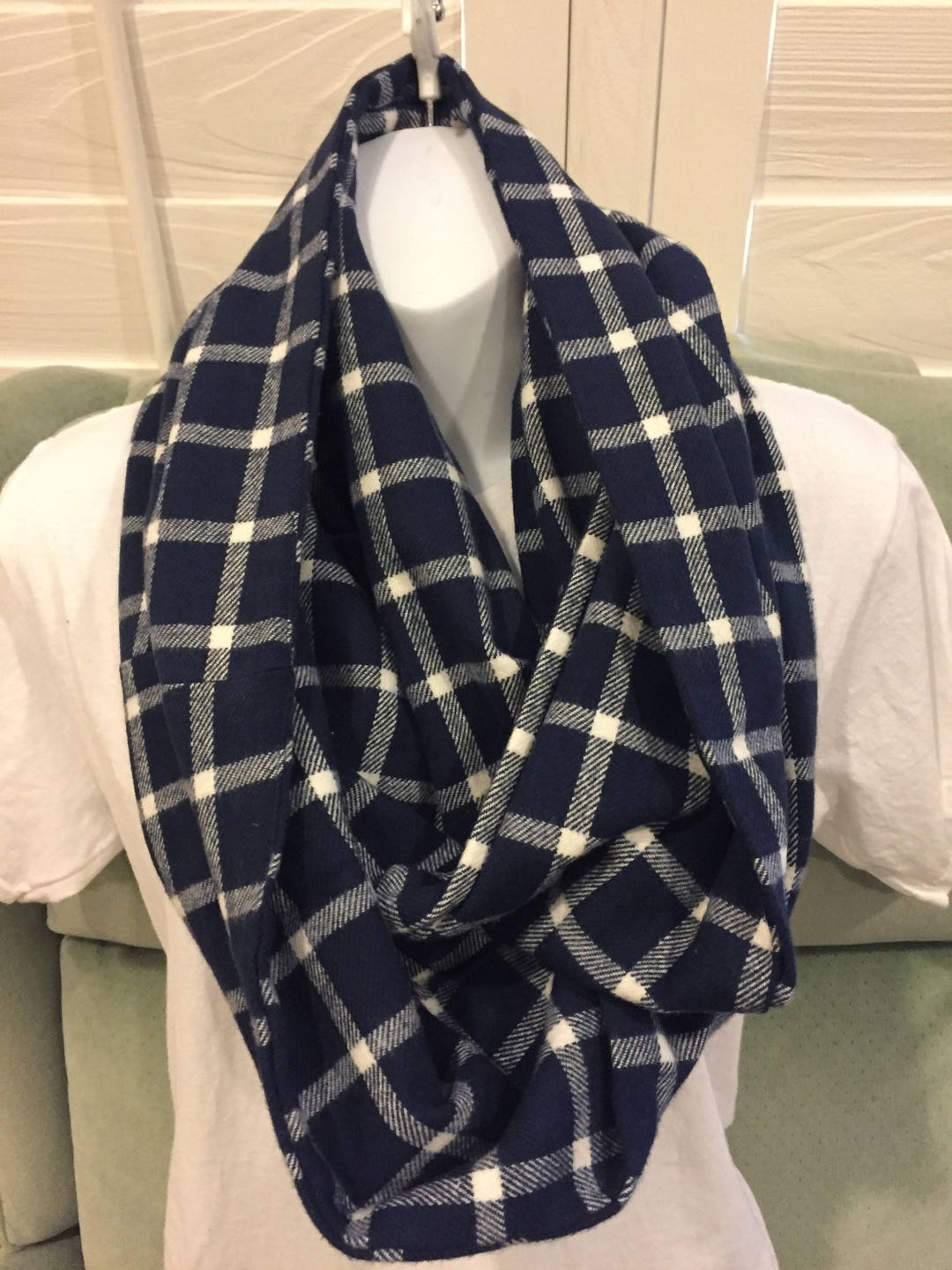 Handmade Blue and White Blocks Plaid Fleece Infinity Scarf - Cozy ...