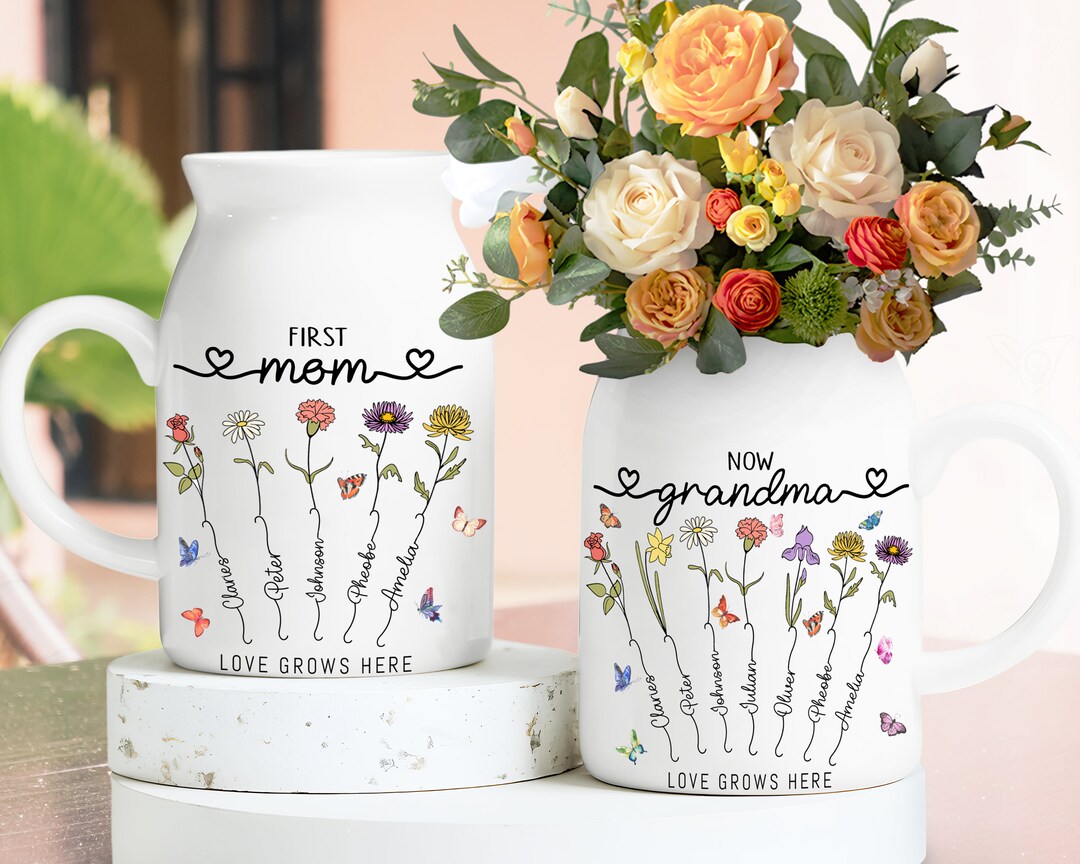 Personalized First Mom Now Grandma Vase, Custom Birth Month Flower Vase ...