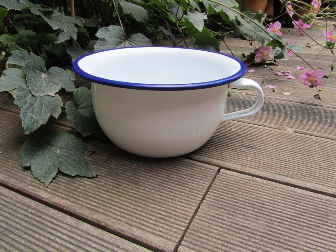 White Enameled Wash Basin With Handle and Blue Trim, 1950s, Made by the ...