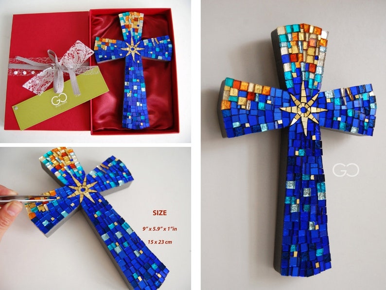 Shaded Blue Wall Cross, Mosaic Cross, Colored Glass Cross in Glass ...