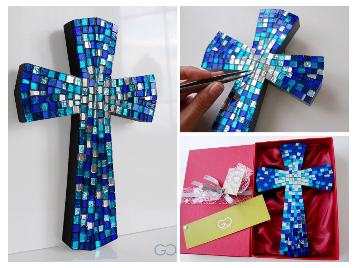 Shaded Blue Wall Cross Mosaic Glass Blue Cross Art L - Etsy