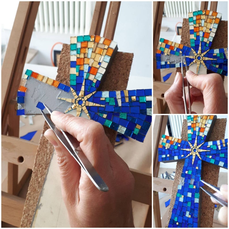 Shaded Blue Wall Cross, Mosaic Cross, Colored Glass Cross in Glass ...
