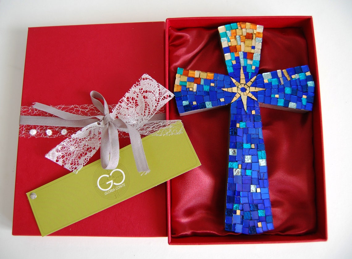 Shaded Blue Wall Cross, Mosaic Cross, Colored Glass Cross in Glass ...