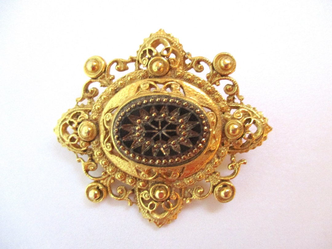 Vintage Victorian Revival Mourning Brooch Black Glass Gold Tone Fancy ...