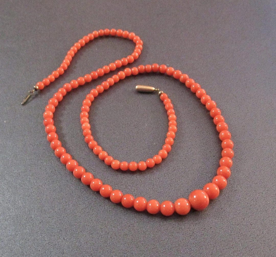 Antique Graduated Coral Necklace, 20 1/2"long, Polished Beads, Gold ...