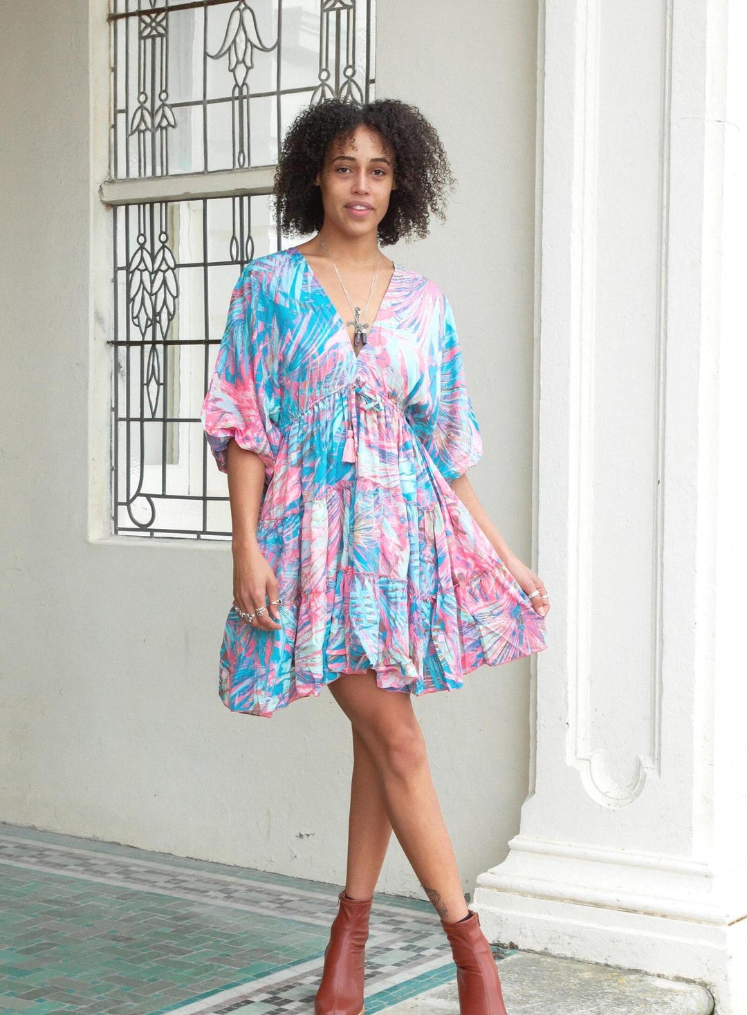 Turquoise Puff Sleeve Mini Dress, Boho Puff Sleeve Dress, Festival ...