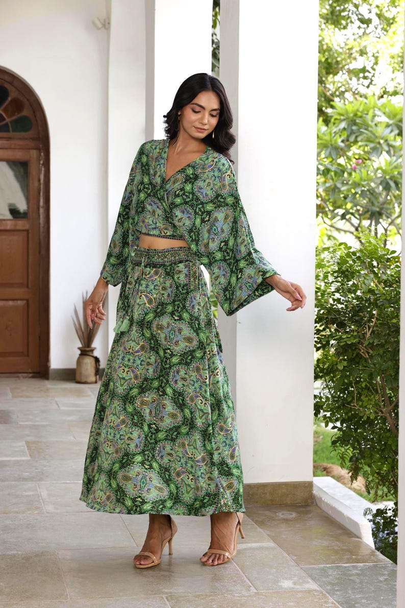 Boho Co-ord Set – Green With Black & Gold Print, Flare Sleeve Wrap Top ...