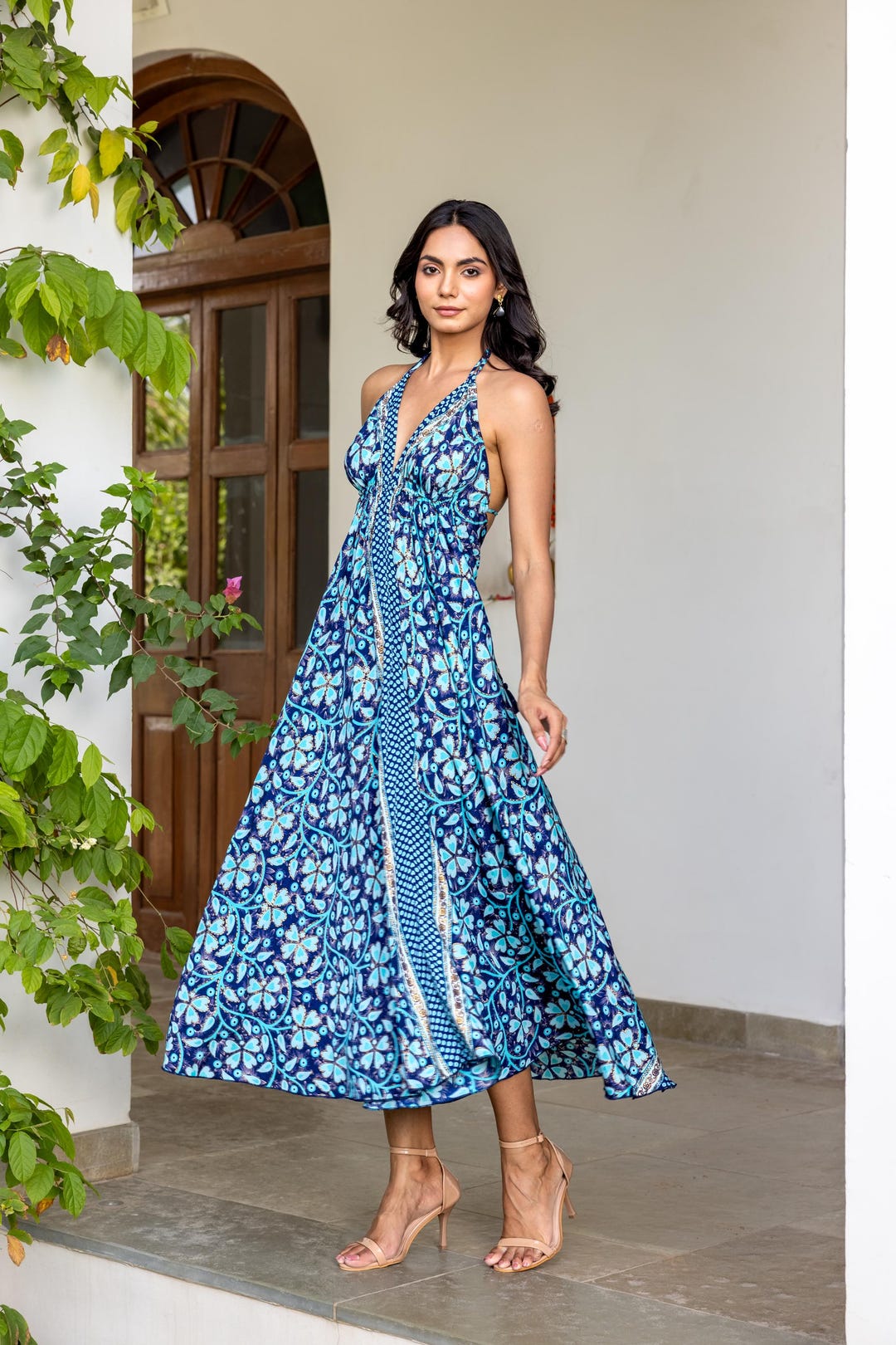 Turquoise Halter Boho Maxi Dress, Backless Bohemian Dress, Festival ...