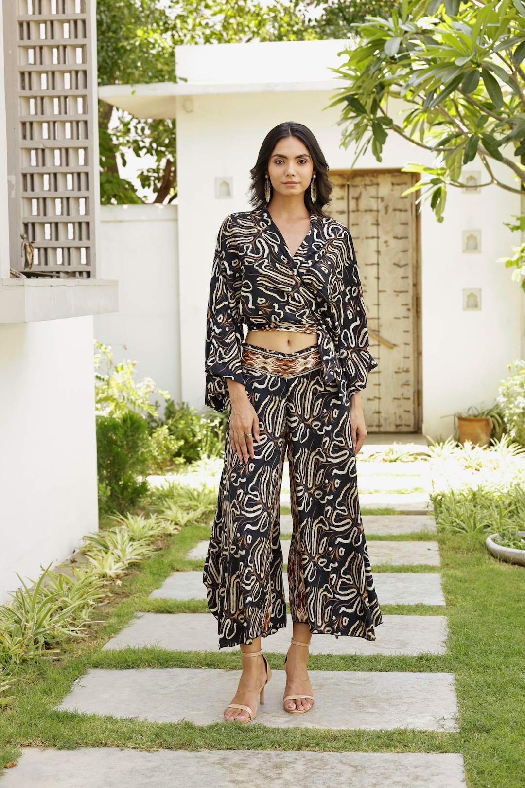 Black Boho Co Ord Set, Flare Sleeve Wrap Top and Wide Leg Pants ...