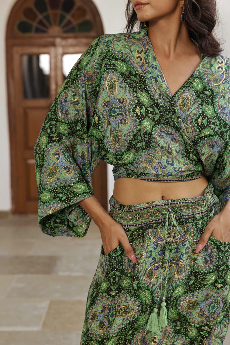 Boho Co-ord Set – Green With Black & Gold Print, Flare Sleeve Wrap Top ...