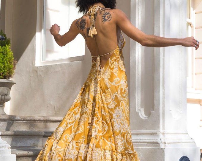 Yellow Infinity Maxi Dress – Tiered Bottom, Open Back, Tassel Ties ...