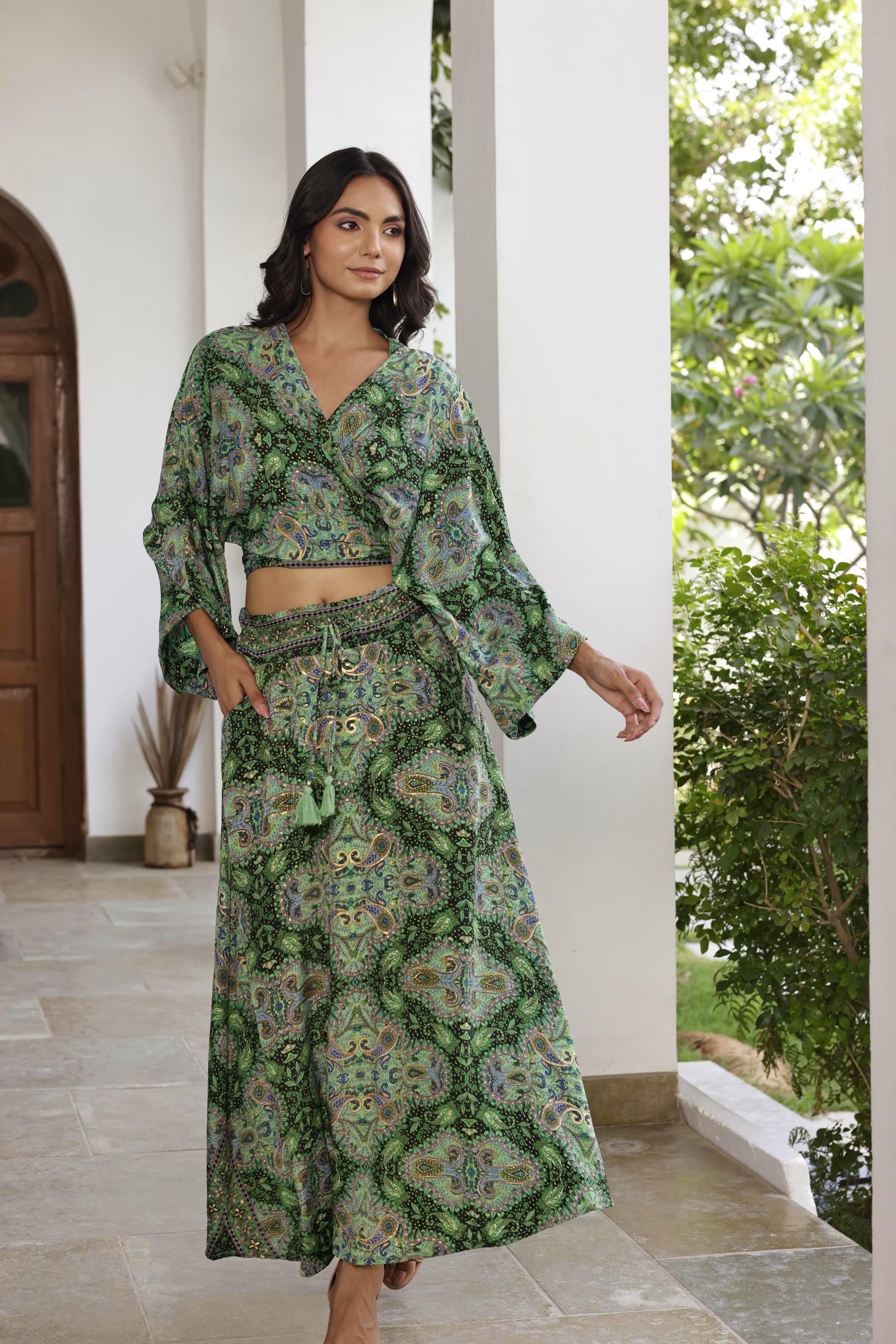 Boho Co-ord Set – Green With Black & Gold Print, Flare Sleeve Wrap Top ...