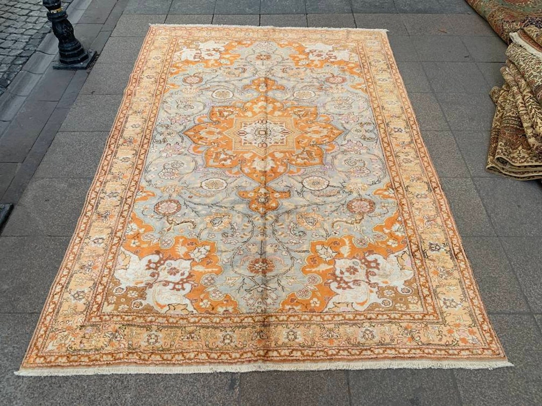 6'3'' X 9'3'' Free Shipping Orange and Blue Faded Silk on Cotton Rug ...