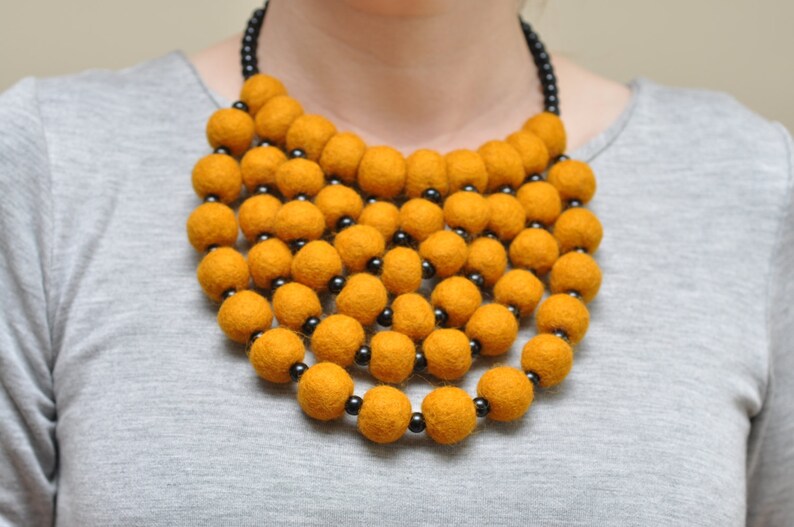 Yellow Wool Necklace Woolen Wedding Felted Necklace Handmade Balls ...