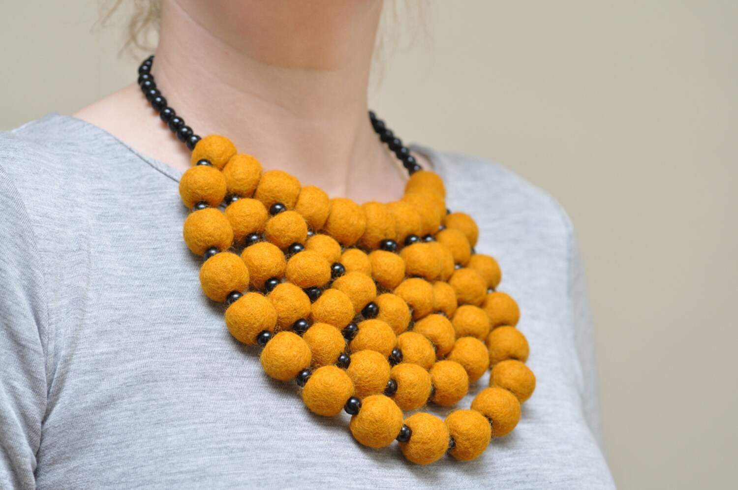 Yellow Wool Necklace Woolen Wedding Felted Necklace Handmade Balls ...