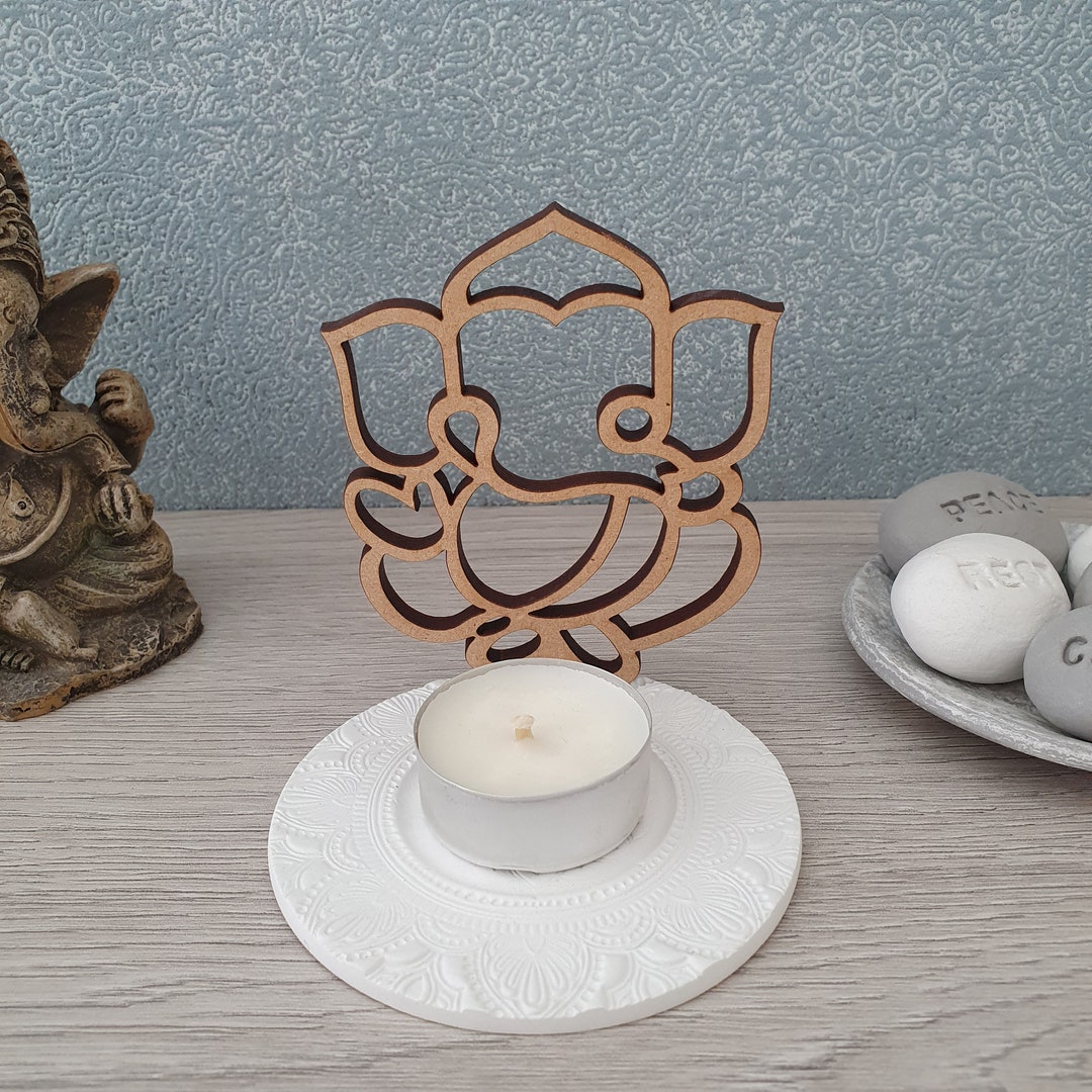 Ganesh Shadow Wood and Clay Tealight Holder, Diwali Tealight Plate ...