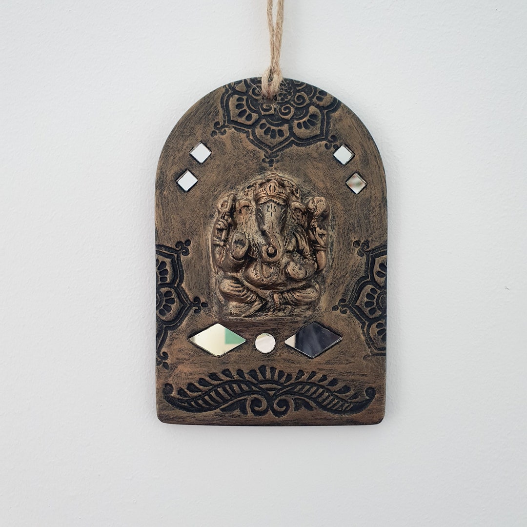 Copper Coloured Clay 3D Ganesh Wall Plaque With Mirror Detail, Clay ...