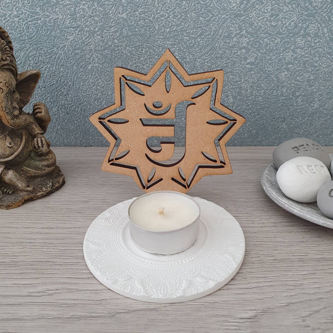 Jain Om Shadow Wood and Clay Tealight Holder, Diwali Tealight Plate ...
