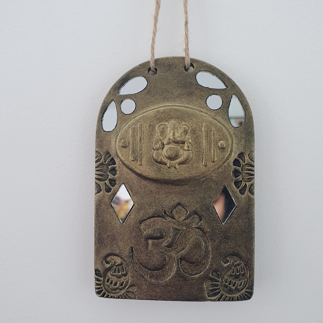 Gold Coloured Clay Ganesh Om Wall Hanging With Mirror Detail, Clay Wall ...