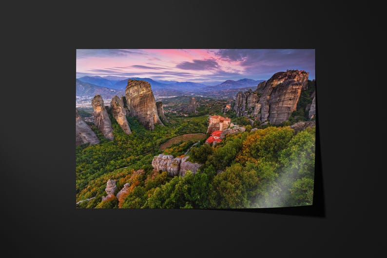 Meteora Sunset Wall Art – Greek Monastery Landscape Print, Canvas ...