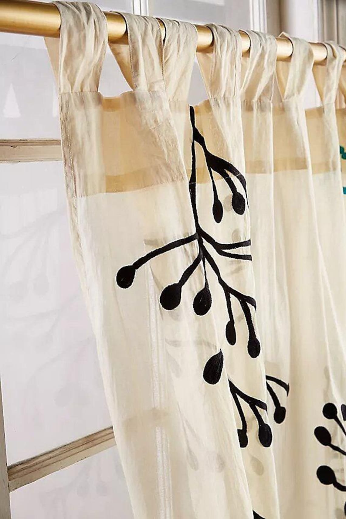 Hand-embroidered Organdy Curtains: Black Tree Design, Kashmir ...