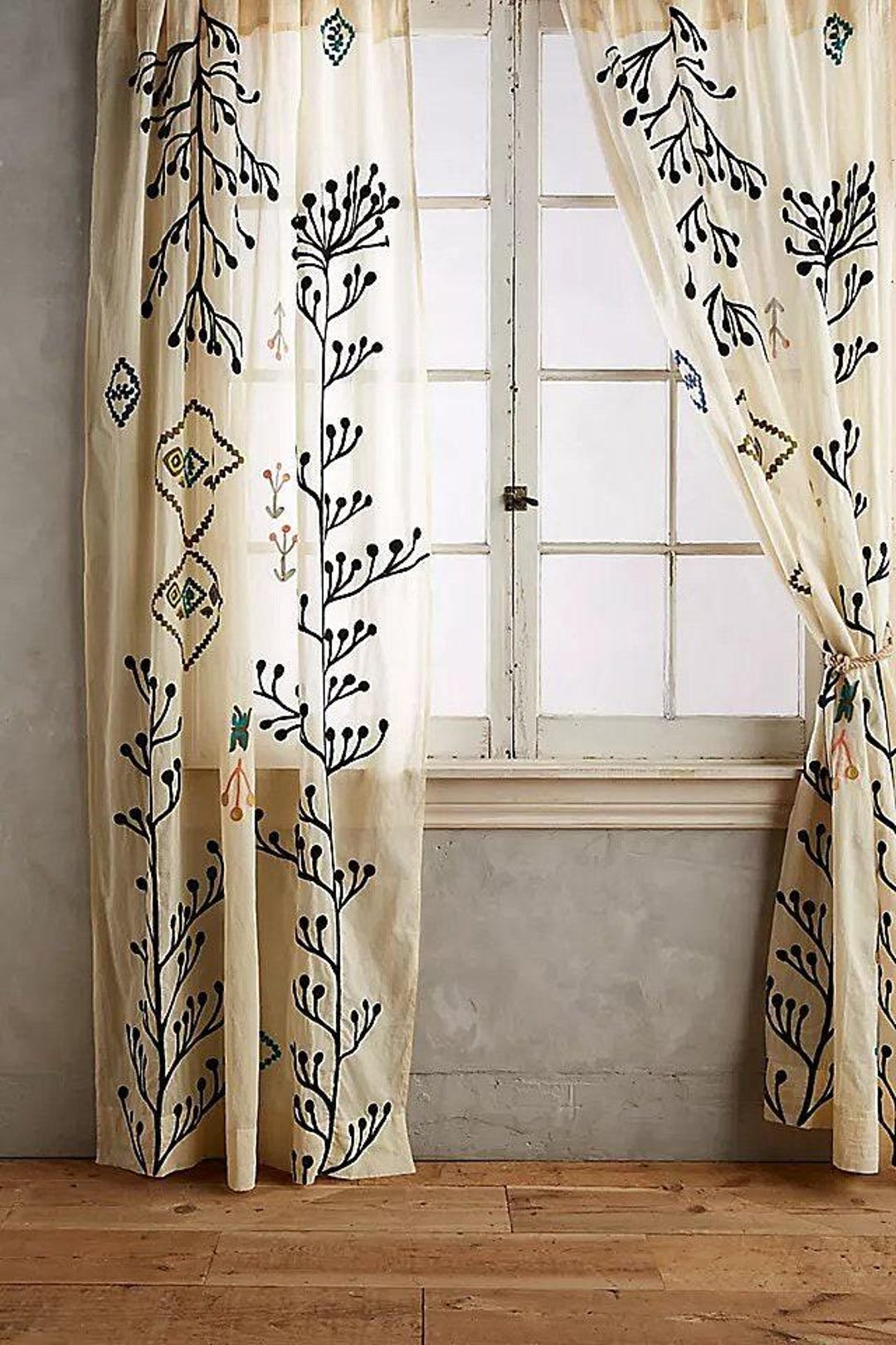 Hand-embroidered Organdy Curtains: Black Tree Design, Kashmir ...