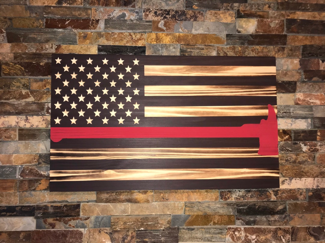 Rustic Wooden American Flag: Firefighter Red Line Axe Decor - Etsy