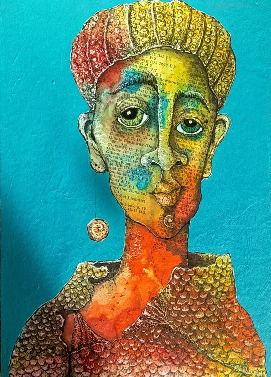 Merman Mermaid Cartoon Collage Mixed Media Ink Face Portrait Painting ...